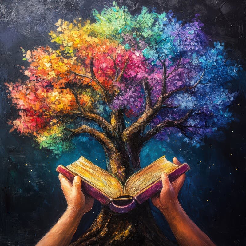 Surreal Tree of Knowledge Emerging from an Open Book in Rainbow Hues ...