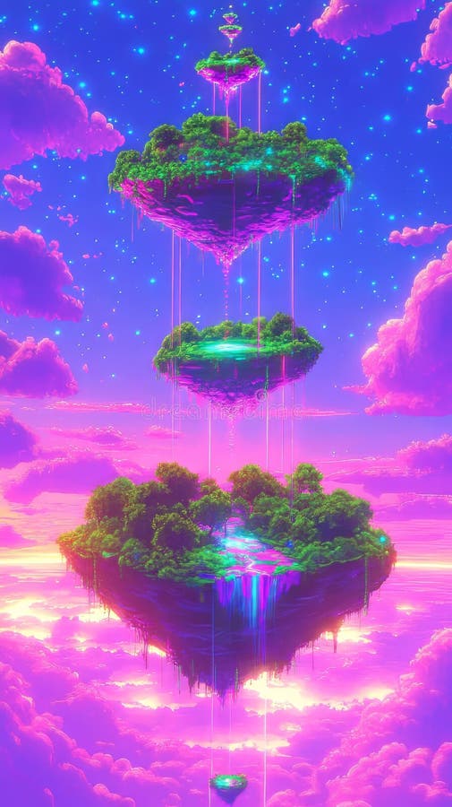 Surreal Tree Landscape with Floating Islands and Heavenly Lights Stock ...