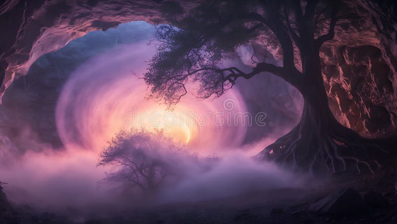 Enigmatic Tree in Mystical Cave with Swirling Purple Mist and Sunset ...