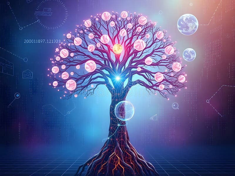 A Surreal Tree Made of Intertwined Glowing Data Cables and Fractal Patterns of Light and Shapes ...