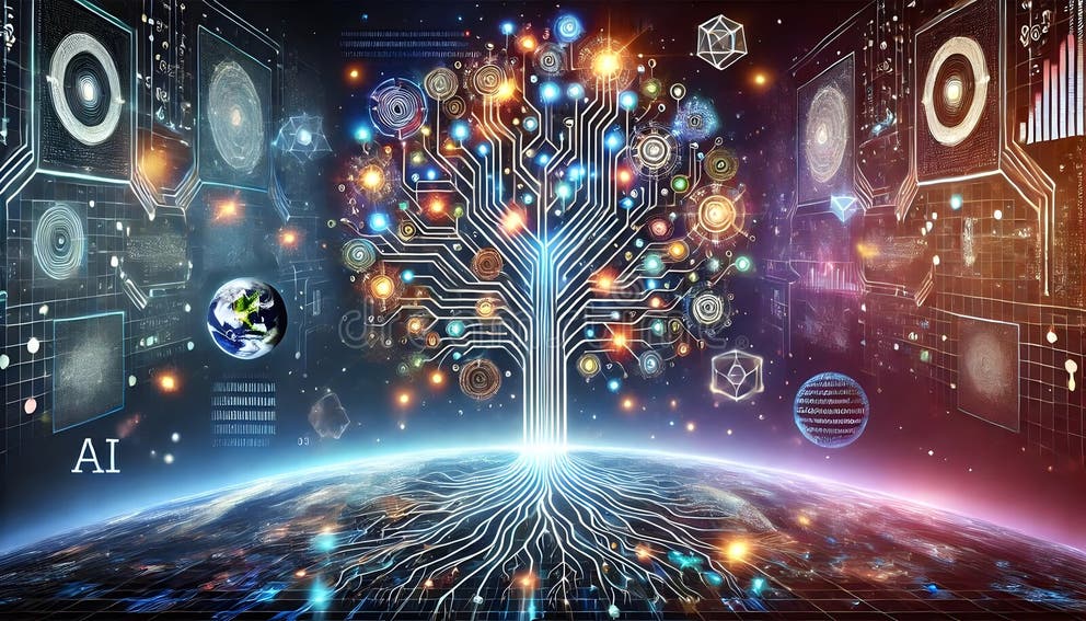 A Surreal Tree Made of Intertwined Glowing Data Cables and Fractal Patterns of Light and Shapes ...