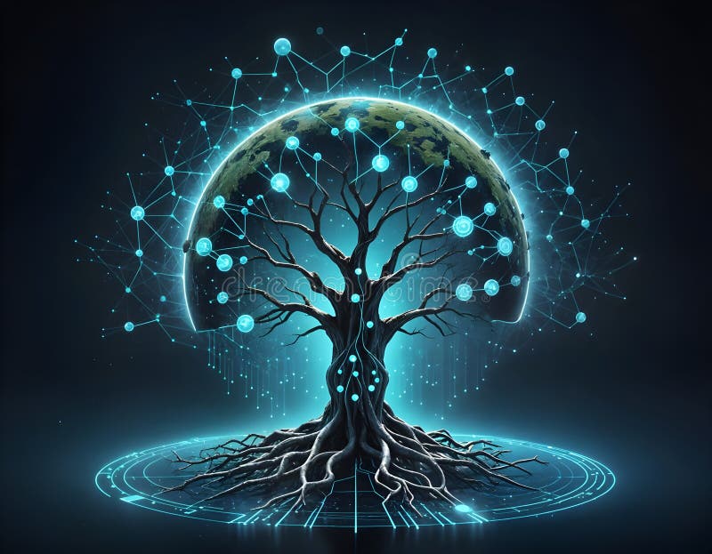 A Surreal Tree Made of Intertwined Glowing Data Cables and Fractal ...