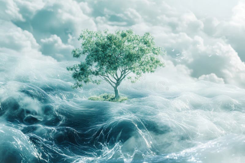 Surreal Tree in Ocean Waves Stock Image - Image of artistic, dreamscape ...