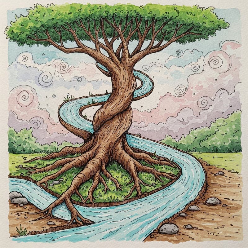 Surreal Tree with River Branches - Hand-Drawn Stock Illustration ...