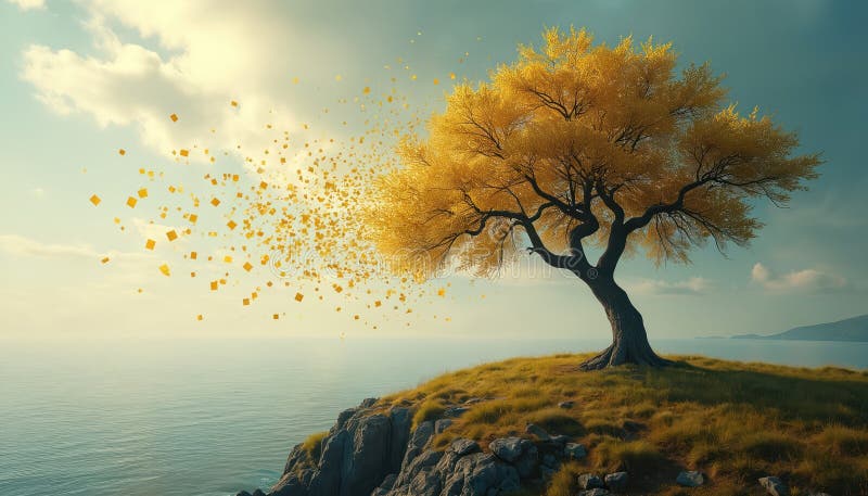 Surreal Tree Shedding Golden Square Leaves Search Engine Algorithms Complexity, Nature Cycle ...