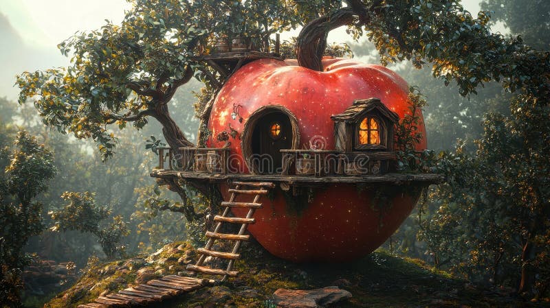 Surreal Treehouse Inside a Giant Apple in a Misty Forest Stock Photo ...