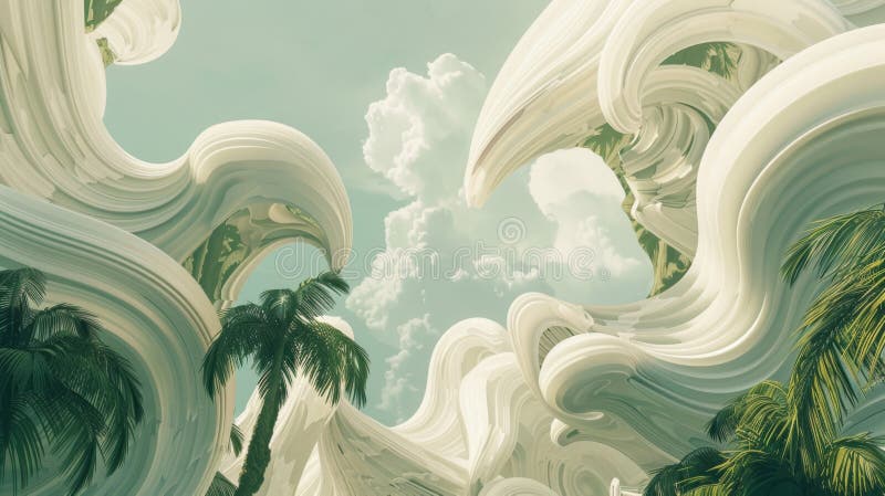 Surreal Tropical Landscape with Swirling Clouds and Palm Trees Stock ...