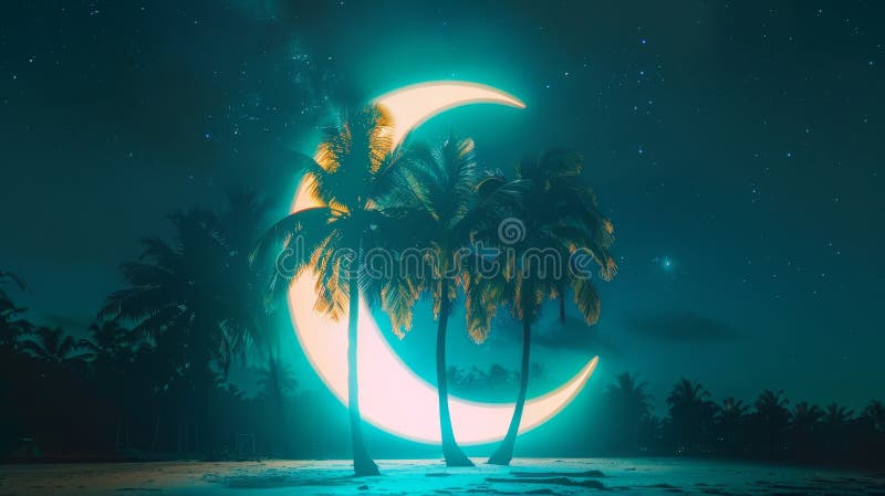 Surreal Tropical Night with Crescent Moon and Palms Stock Image - Image ...