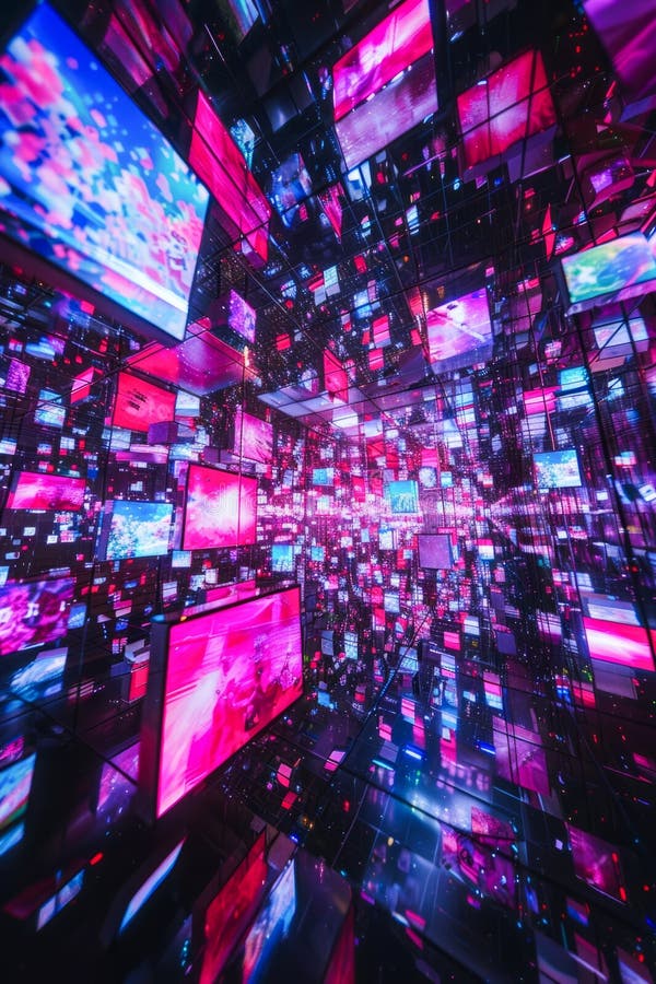 Surreal Tunnel of Multiple Screens Showcasing Diverse Visual Content ...