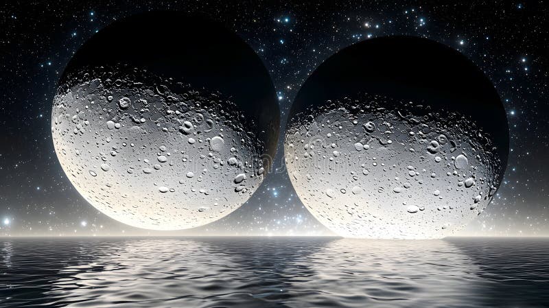 Surreal Twin Moons Reflecting on a Cosmic Sea Stock Illustration ...