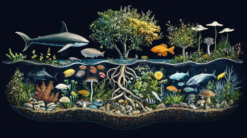 Surreal Underwater Ecosystem with a Tree and Various Aquatic Life Forms Stock Image - Image of ...