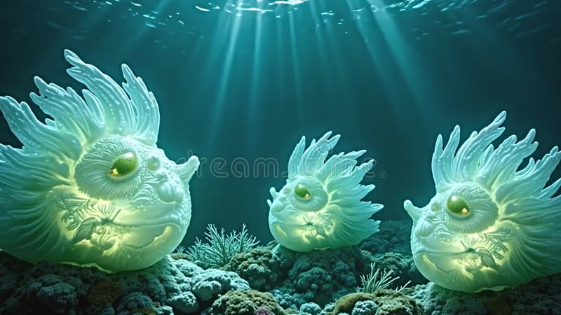 Surreal Underwater Scene, Glowing Creatures Representing Different ...