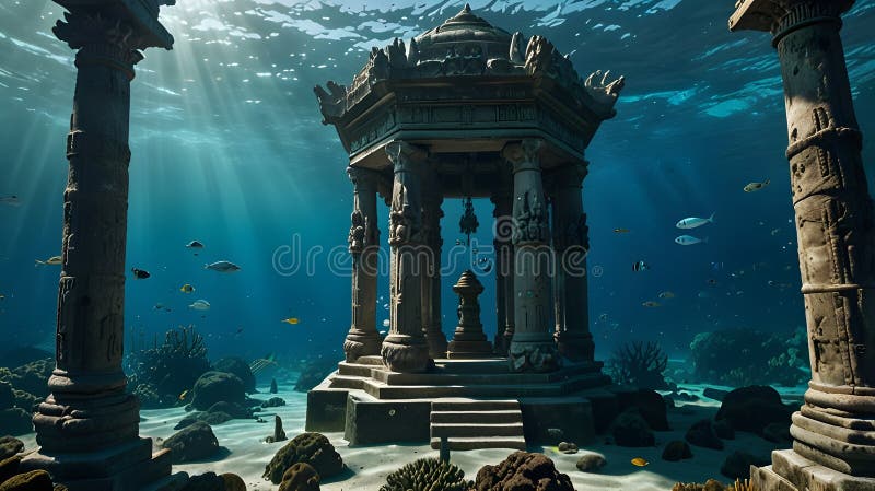 A Surreal Underwater Scene of a Submerged Temple Stock Illustration ...