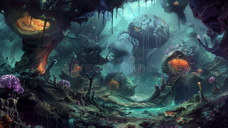 Surreal Underworld with Strange Creatures Stock Illustration ...