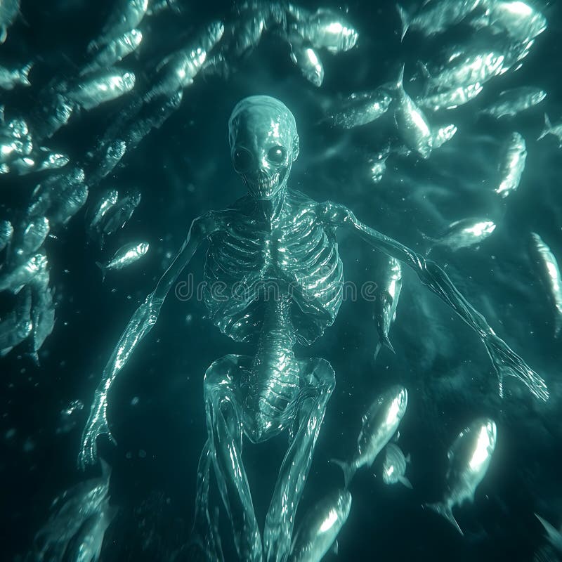 A Crystalline Skeleton Floats in a School of Fish Stock Illustration ...