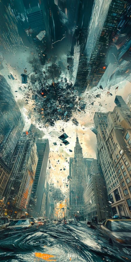 Surreal Urban Chaos with Skyscrapers and Debris in a Dramatic Cityscape ...