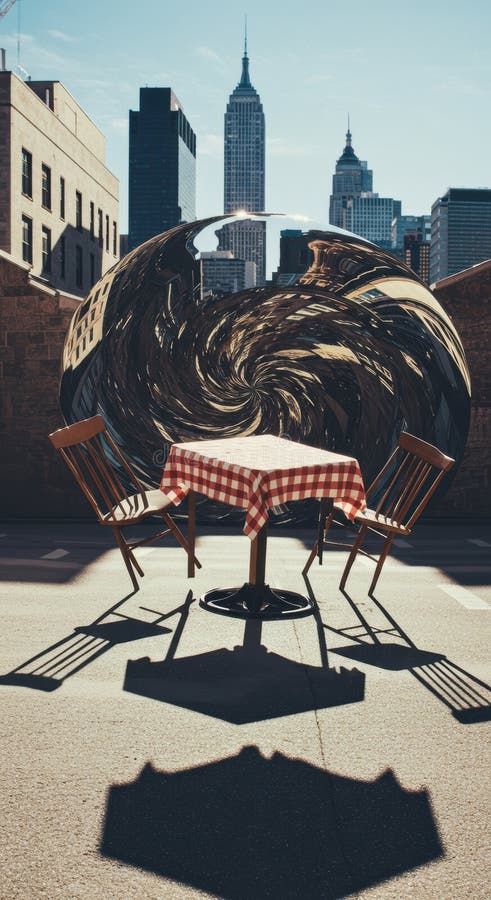 Surreal Urban Dining Scene with Distorted Skyline, Empty Table, and ...