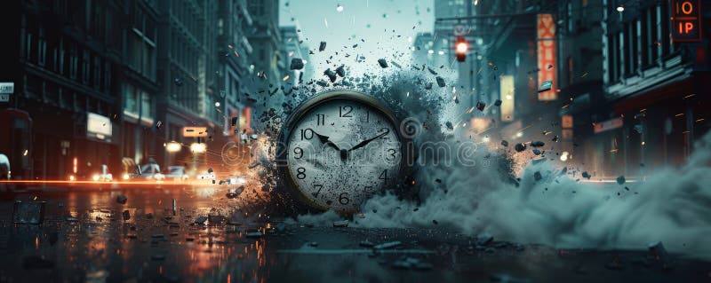 Surreal Urban Scene with Exploding Clock in the Middle of a Bustling ...