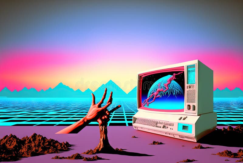 Surreal Vaporwave Composition with Old Computer and Distorted Hands ...