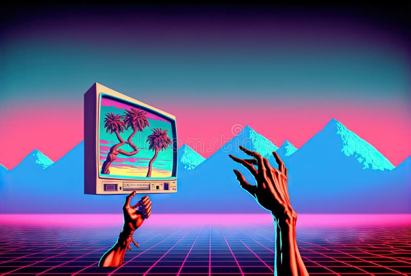 Surreal Vaporwave Composition with Old Computer and Distorted Hands ...