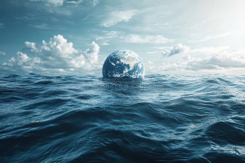 A Surreal View of the Earth Floating Above Ocean Waves Under a Cloudy ...
