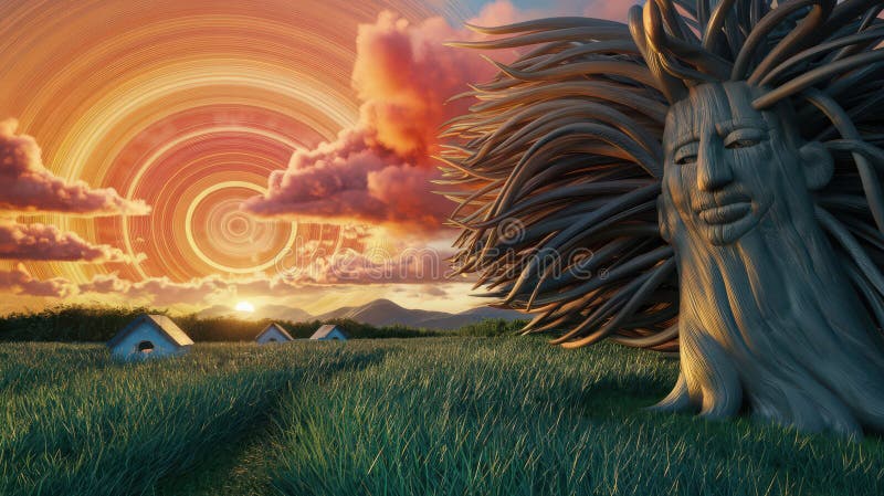 Surreal Countryside with Glowing Circular Sun Stock Illustration ...