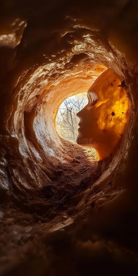 Surreal View of Sculpted Face Emerging from Clay Tunnel Stock ...