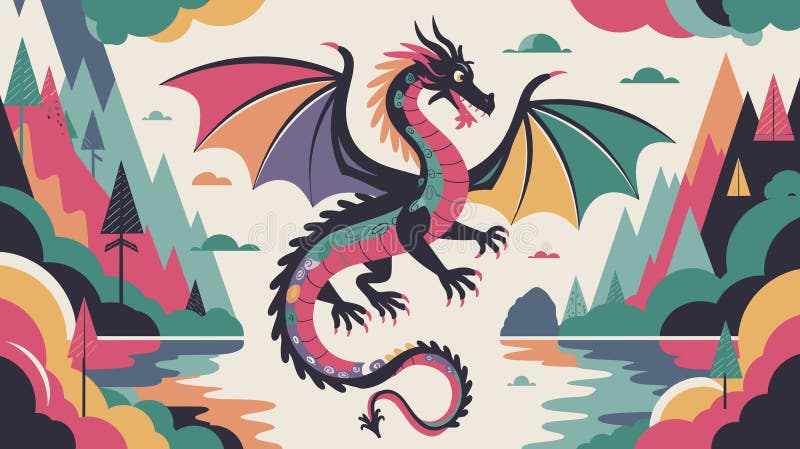 Surreal Vision of Cartoon Dragon Morphing into Colorful Patterns. Stock ...