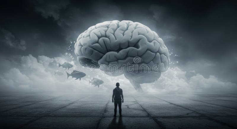 Surreal Visions: Man, Brain, and Fish in a Foggy Dreamscape Stock Image ...