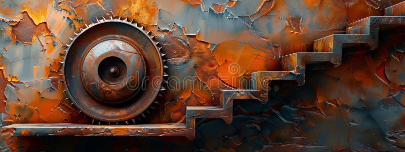 A Surreal Wall of Rust, with a Staircase and a Rusty Cogwheel. Stock ...