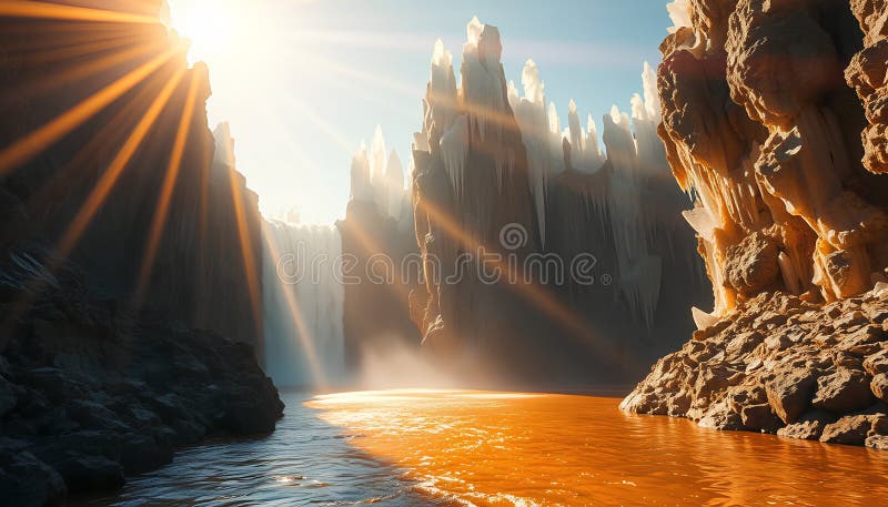 Surreal Waterfall Cascading into a River Made of Shimmering Gold ...