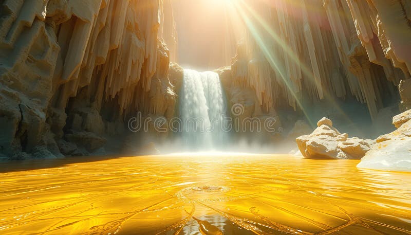 Surreal Waterfall Cascading into a River Made of Shimmering Gold ...