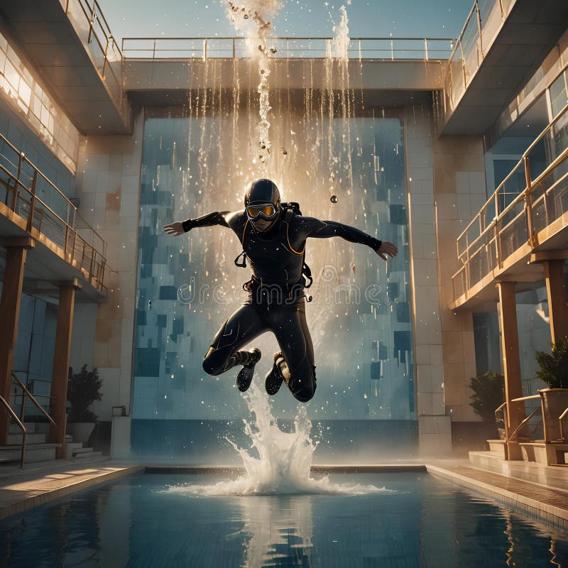 Surreal Waterfall with a Skindiver Falling into an Olympic Pool Stock ...