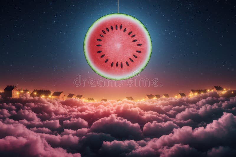 Surreal Watermelon Moon Over Dreamy Cloud Village at Twilight Stock ...