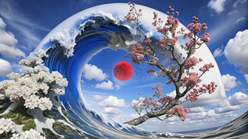 Surreal Wave, Blossoms, Red Sun Digital Art Stock Illustration ...