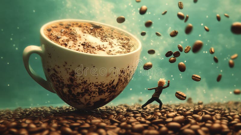 Surreal Depiction of Tiny Figure Fleeing from a Giant Coffee Cup Stock ...