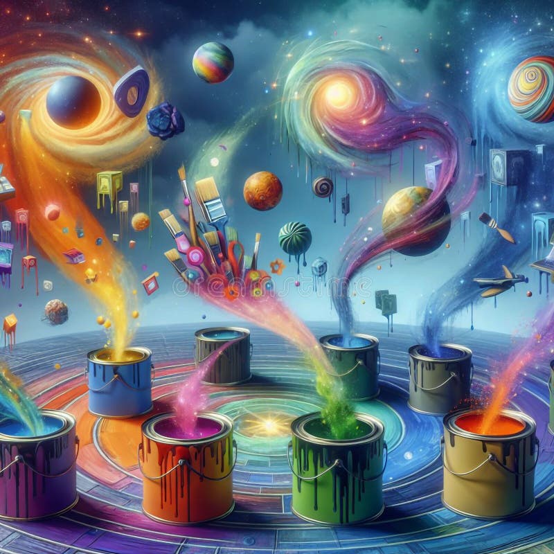 Surreal and Whimsical Paint Cans with Swirling Colors and Celestial ...