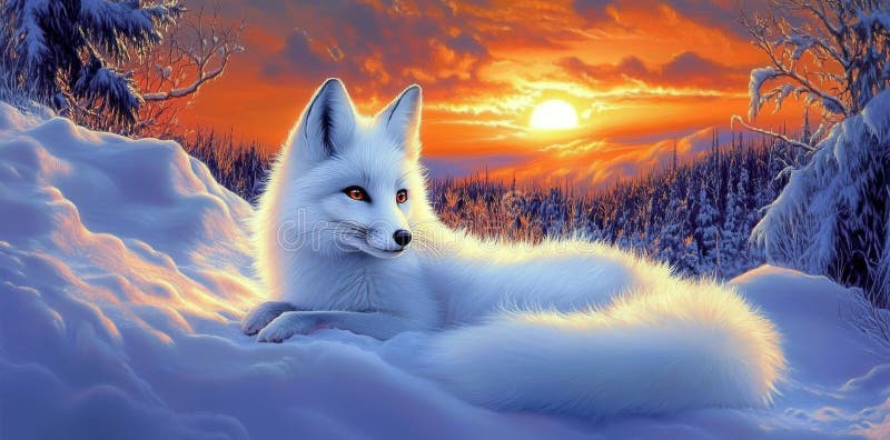 Surreal White Fox during a Snowy Sunset: Double Exposure Fantasy Image ...