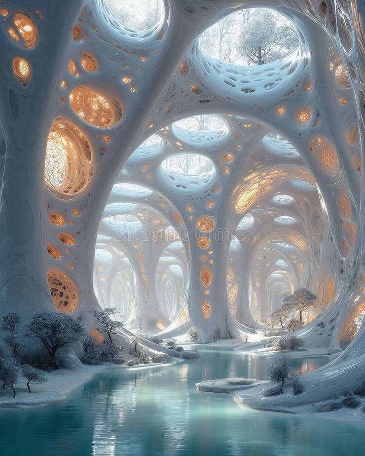 Surreal Winter Landscape with Glowing Structures Stock Illustration ...