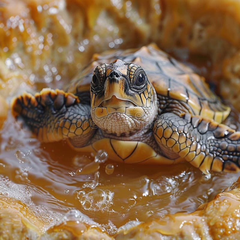 A Baby Sea Turtle Emerging from a Maple Syrup Coated Pizza Dough Shell ...