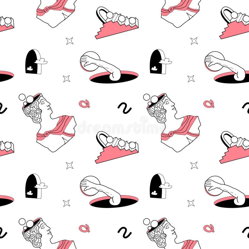 Surrealism Elements Pattern with Abstract Greek Ancient Sculptures ...