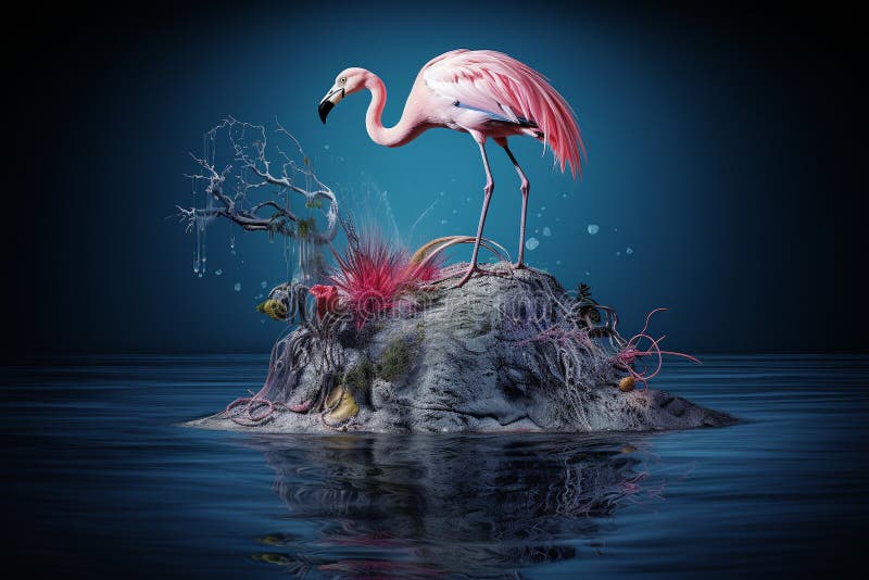 Surrealism: Flamingo with Peacock Feathers on Floating Rock Stock ...