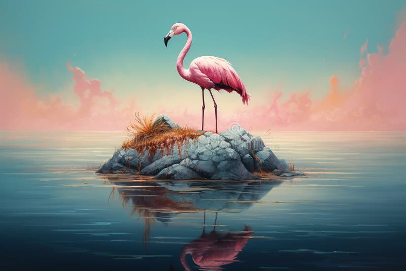 Surrealism: Flamingo with Peacock Feathers on Floating Rock Stock ...