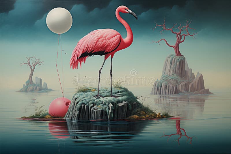 Surrealism: Flamingo with Peacock Feathers on Floating Rock Stock ...