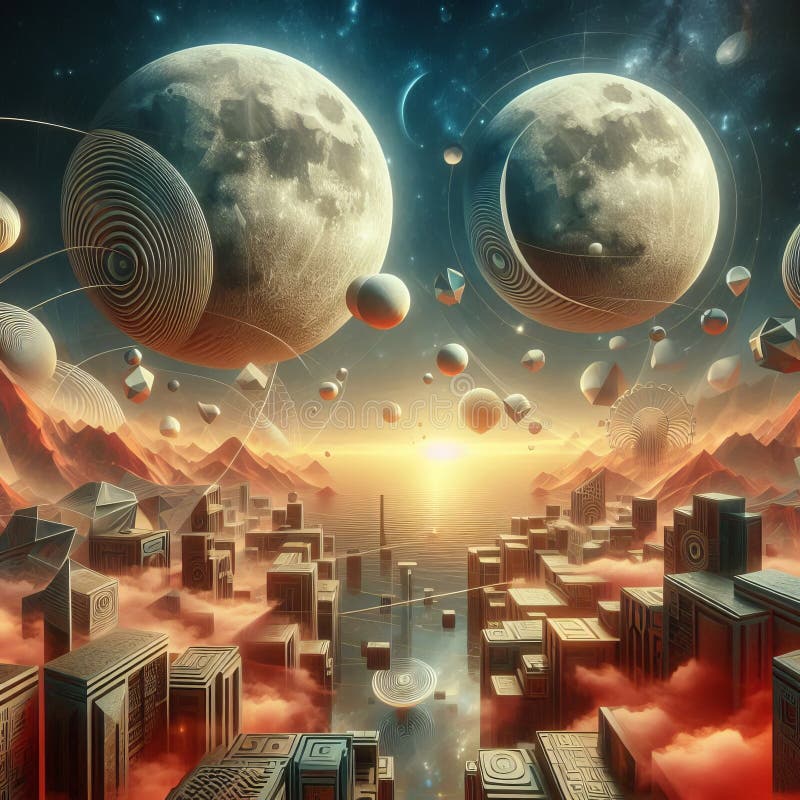 Surrealism â€“ the Two Moons Float Above a Bizarre Dreamlike Lan Stock ...