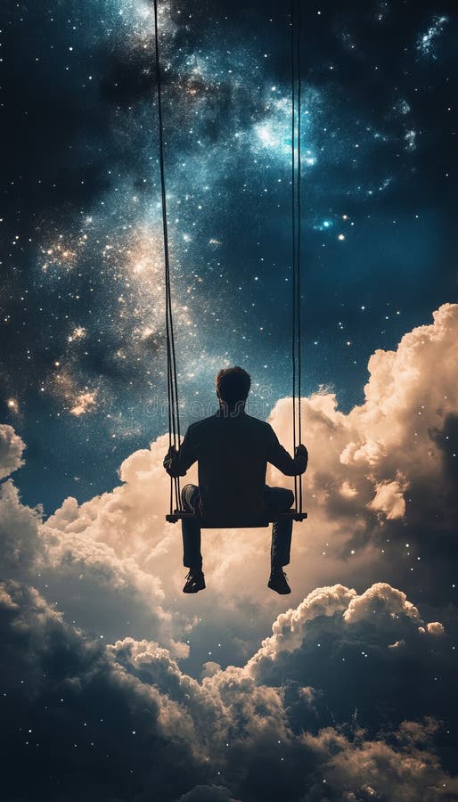 A Surrealist Dream Man on a Cloud Swing Under a Starry Night Sky ...