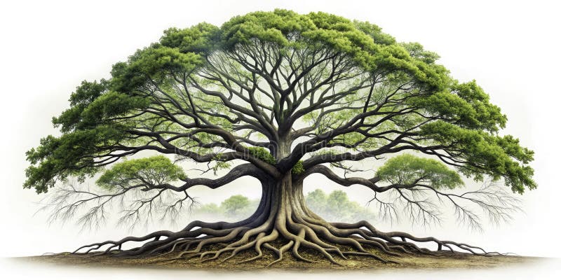 A Surrealist Icon of an Oak Tree Intricate Branches and Roots on a ...