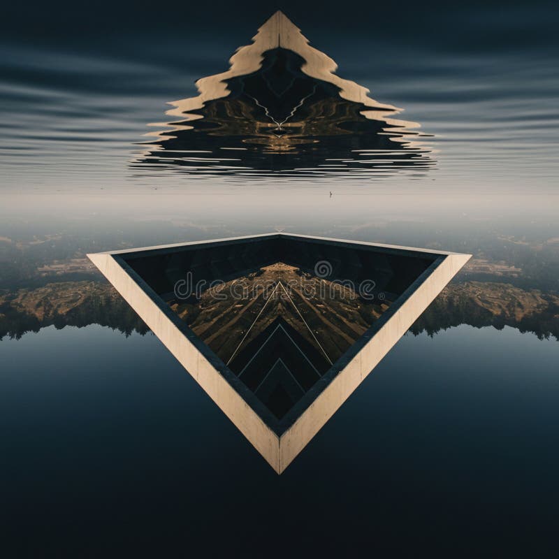 A Surrealist Image Featuring a Triangular Structure Reflected in Calm ...
