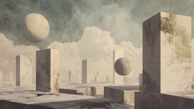 Surrealist Landscape with Floating Objects in Dreamlike Scene Stock ...