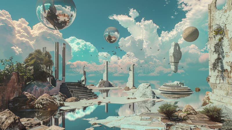 Surrealist Landscape with Floating Objects in the Sky Stock ...